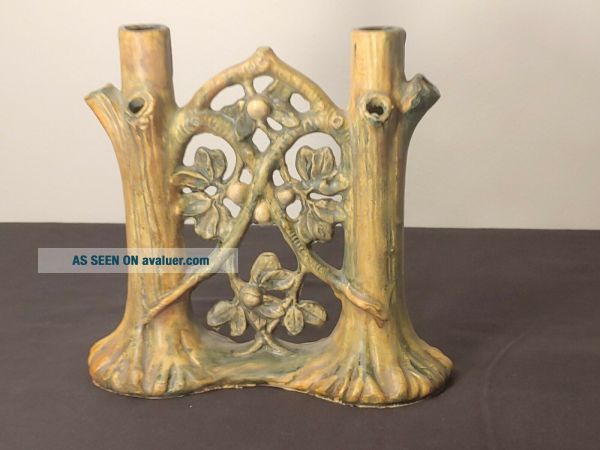 ANTIQUE 1920s WELLER ART POTTERY WOODCRAFT APPLE TREE DOUBLE BUD VASE ...