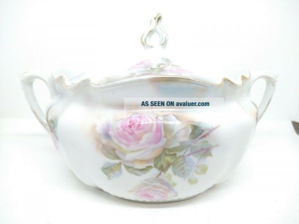 RS Prussia Red Mark Cracker Jar Hand Painted Roses Satin | #37461112