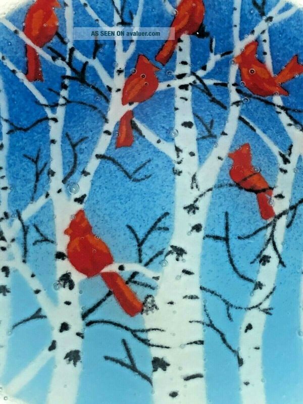 Peggy Karr Glass 10” WINTER RED CARDINALS In WHITE BIRCH TREES 7. 5 ...