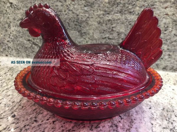 Vintage Indiana Glass Cranberry Red Hen On A Nest Covered Chicken Candy ...