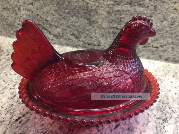 Vintage Indiana Glass Cranberry Red Hen On A Nest Covered Chicken Candy ...