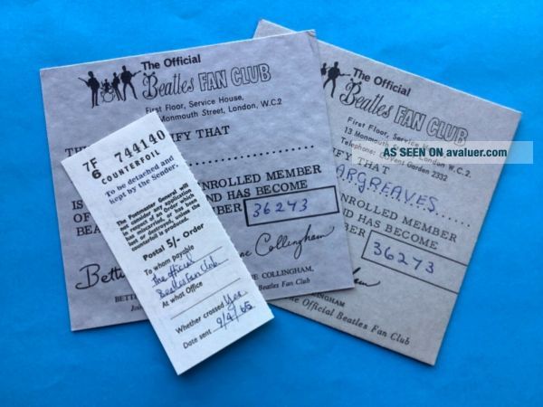 Beatles Fan Club Membership Cards With Receipt 1965/66/67 Memorabilia ...