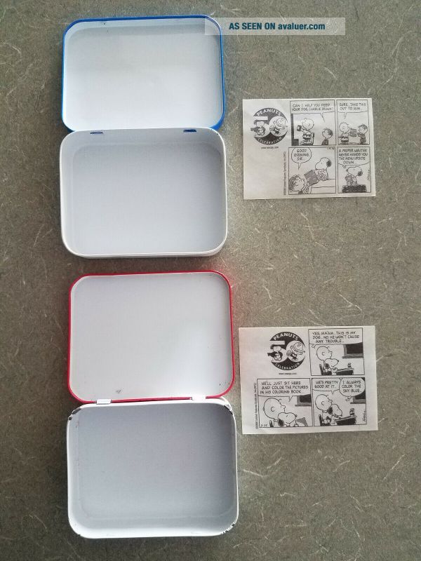 Two Peanuts Snoopy 50th Celebration Mints Tins With Paper Cartoons But ...