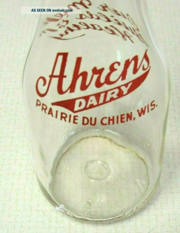 RARE VINTAGE AHRENS DAIRY PINT GLASS MILK BOTTLE PRAIRIE DU CHIEN, WIS ...