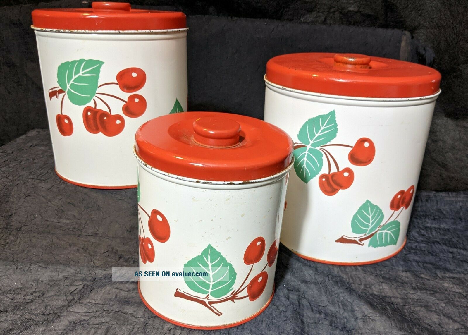 VINTAGE DECOWARE CANNISTER SET OF 3 CHERRIES WITH RED LIDS RARE | #58496200
