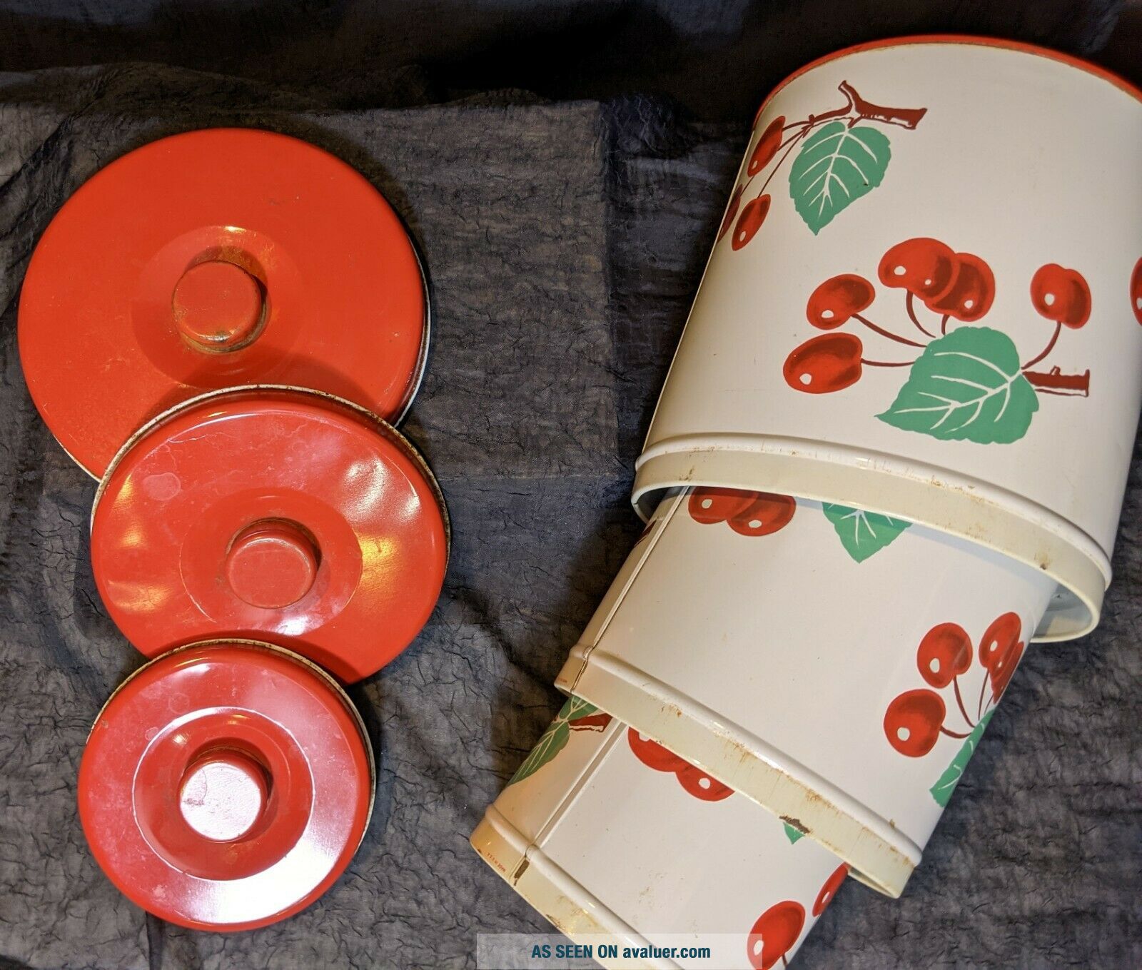 VINTAGE DECOWARE CANNISTER SET OF 3 CHERRIES WITH RED LIDS RARE | #58496200