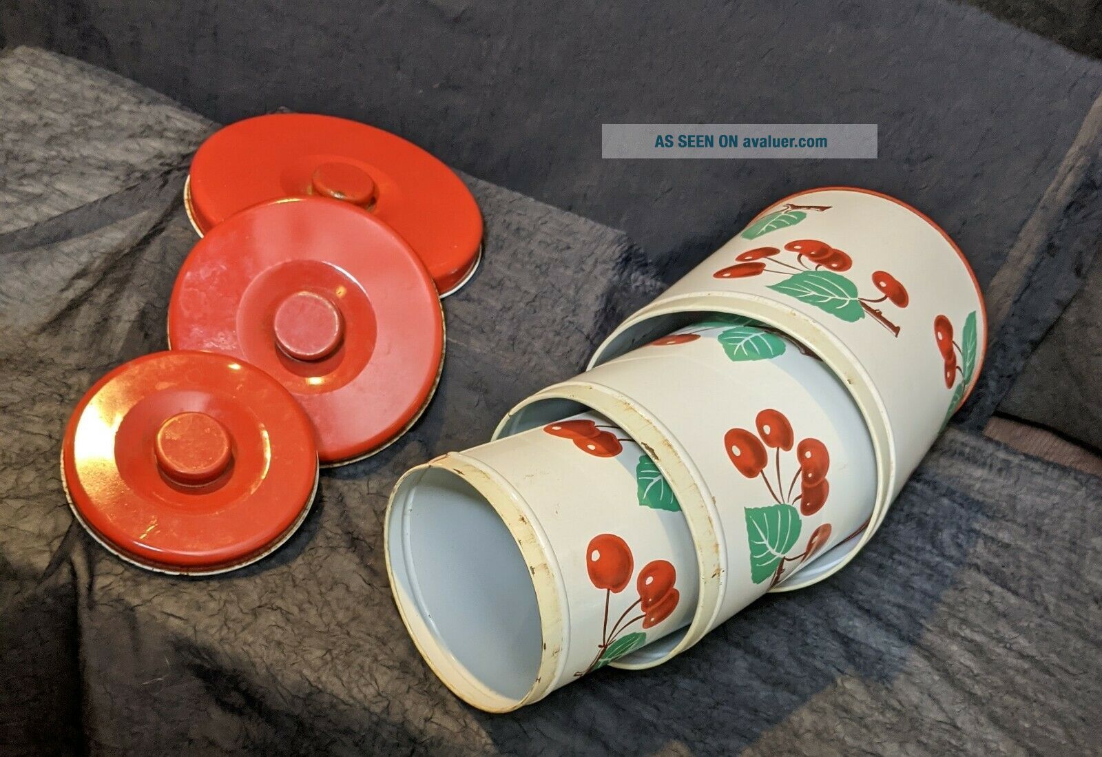 VINTAGE DECOWARE CANNISTER SET OF 3 CHERRIES WITH RED LIDS RARE | #58496200