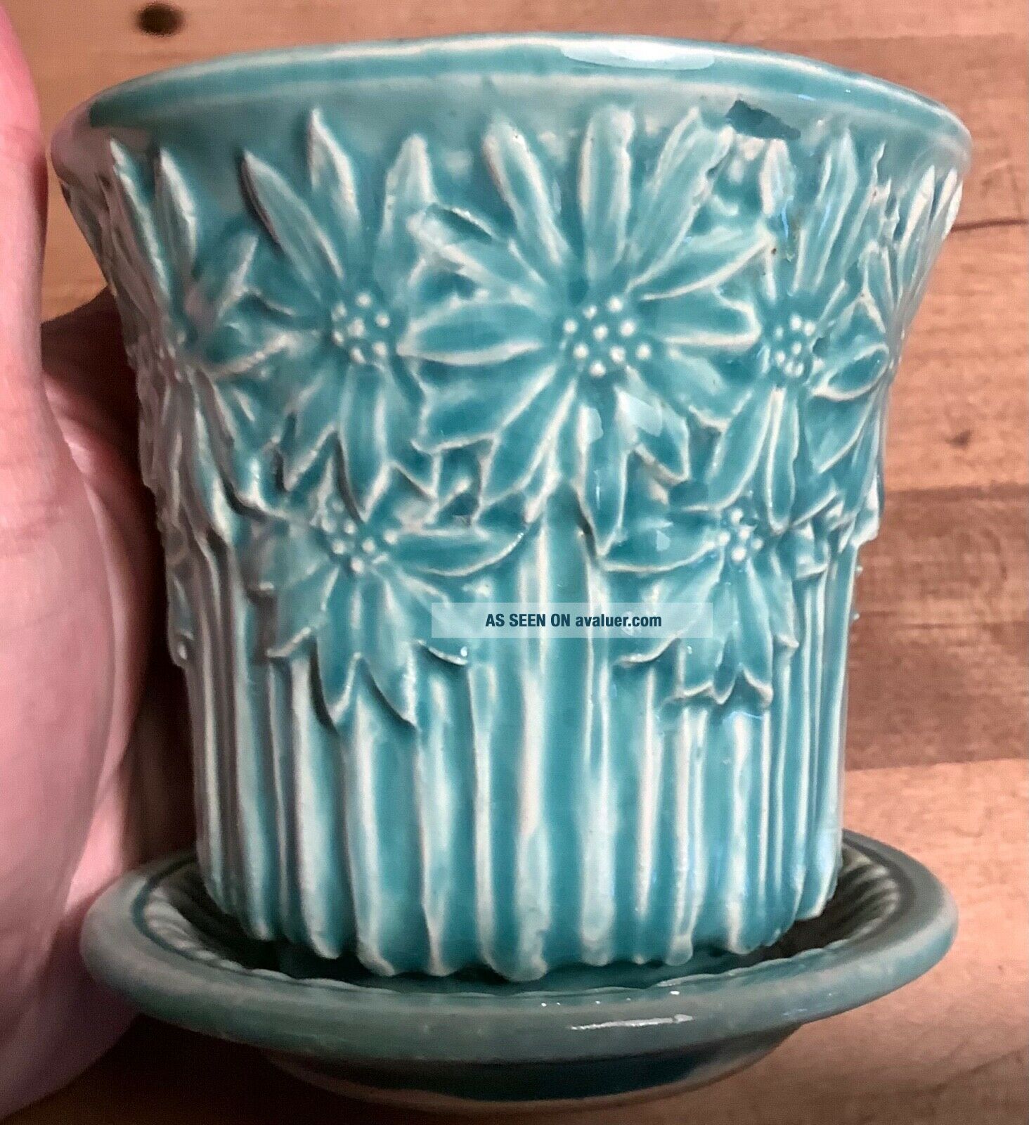 RARE Vintage McCoy Pottery Aqua Daisy Flower Pot Planter Attached ...