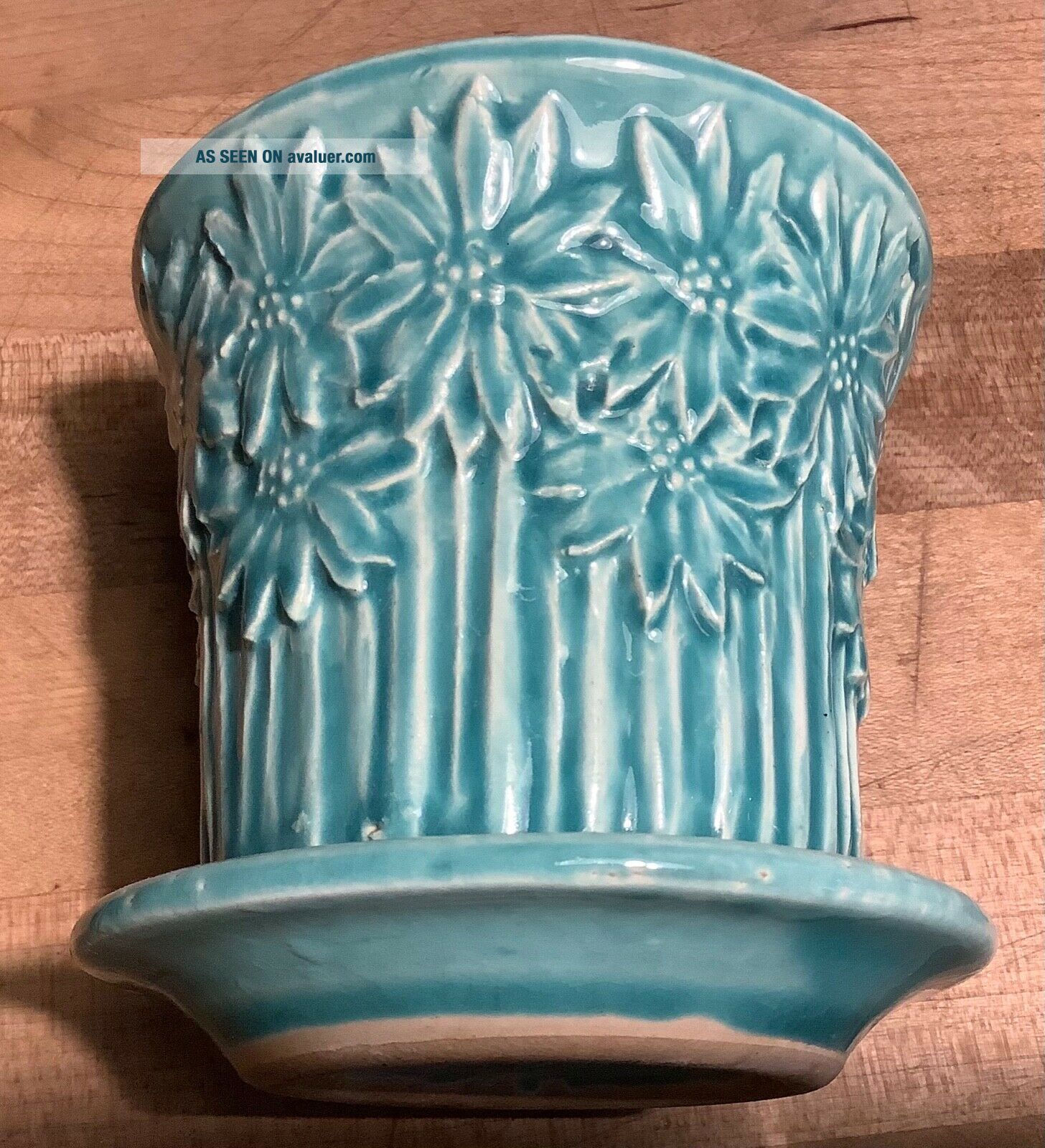 RARE Vintage McCoy Pottery Aqua Daisy Flower Pot Planter Attached ...