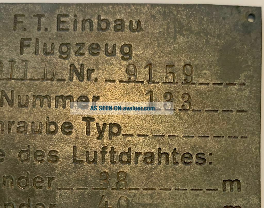 EXTREMELY RARE - WWI German Aircraft Data Plate - F. T. Einbau Fligzeug ...